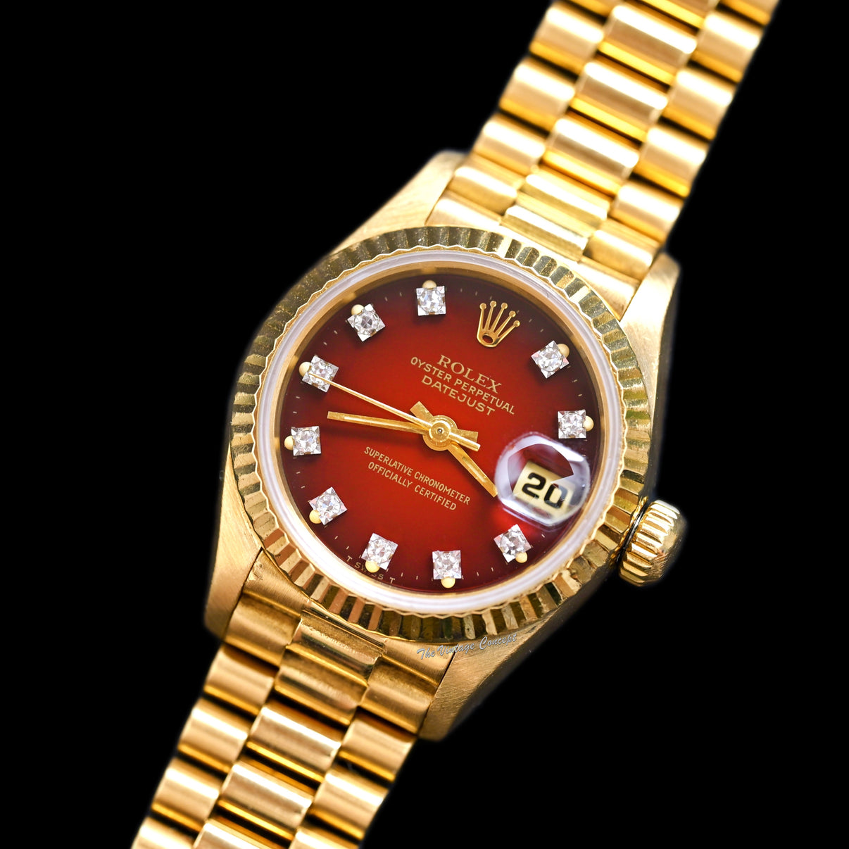 Rolex 18K Yellow Gold Lady Datejust Ombre Red Dial Diamond Indexes 691 ...